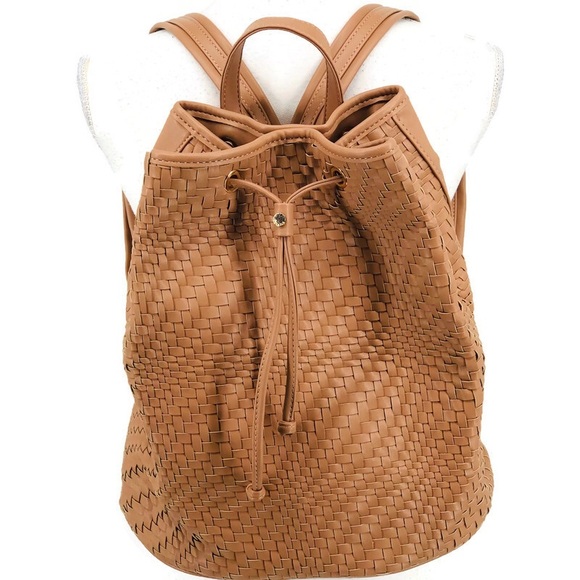 Bags | Basket Weave Pattern Tan Bucket Style Drawstring Faux Leather ...